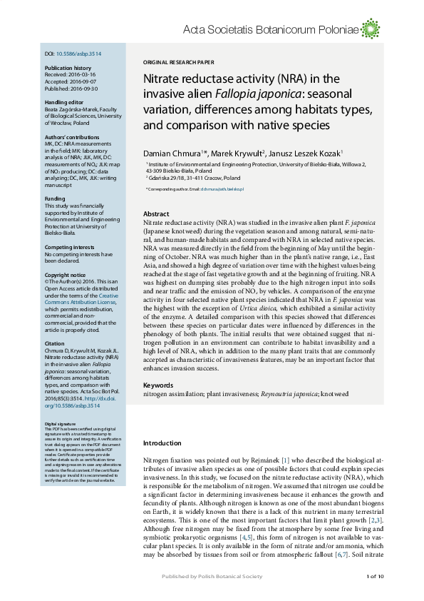 (PDF) Nitrate reductase activity (NRA) in the invasive alien Fallopia ...