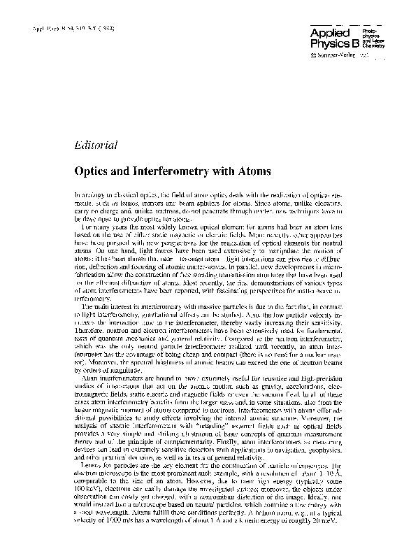 (PDF) Optics and interferometry with atoms