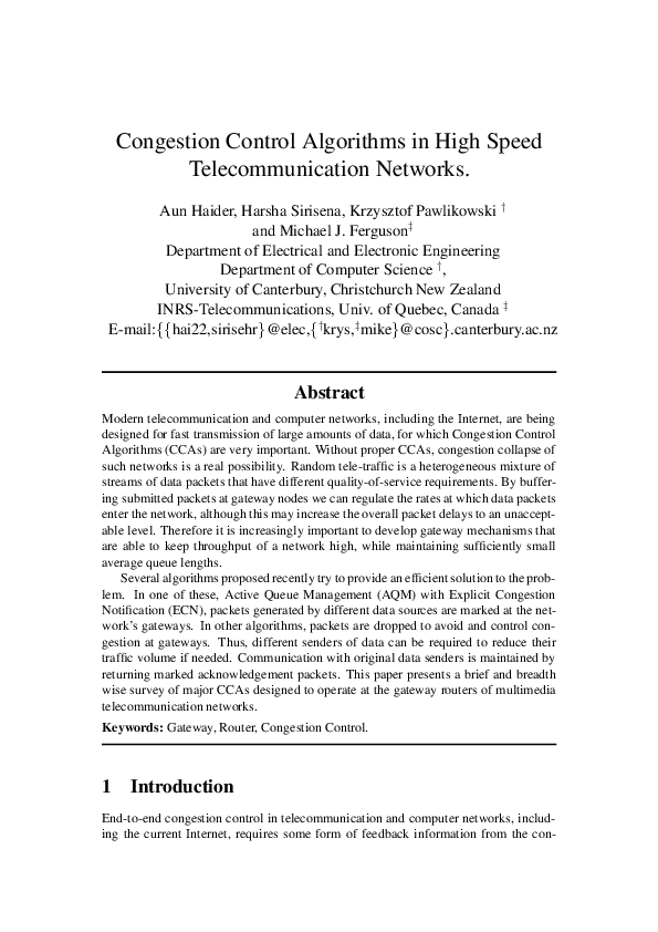 (PDF) Congestion Control Algorithms in High Speed Telecommunication ...