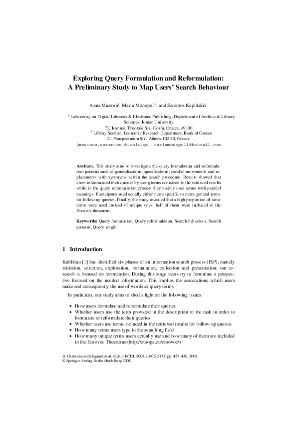 Pdf Exploring Query Formulation And Reformulation A Preliminary