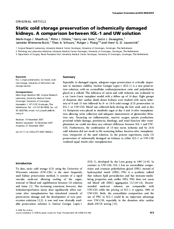 (PDF) Static cold storage preservation of ischemically damaged kidneys ...