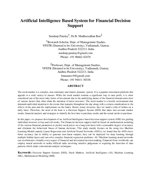 (PDF) Artificial Intelligence Based System for Financial Decision Support