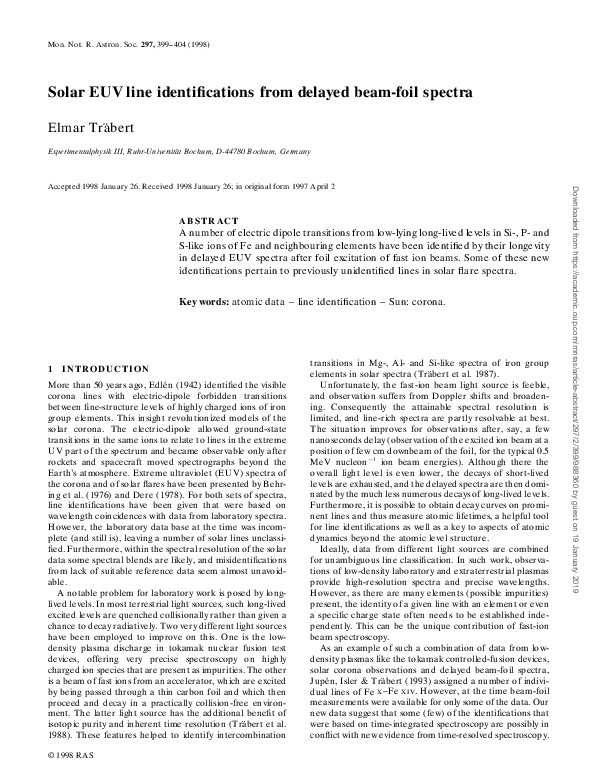 (PDF) Solar EUV line identifications from delayed beam-foil spectra