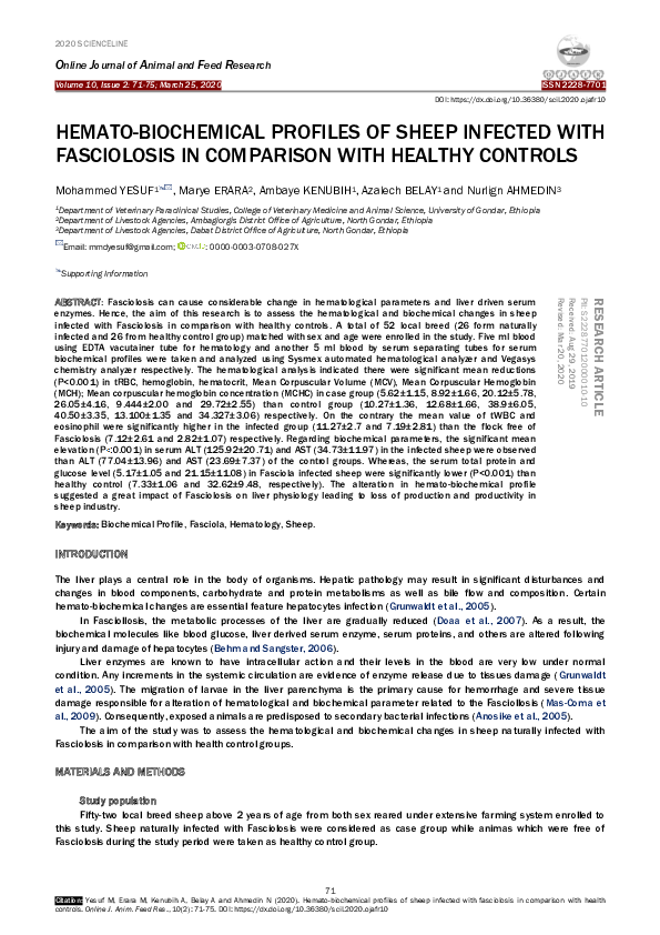 (PDF) Hemato-biochemical profiles of sheep infected with fasciolosis in comparison with health ...