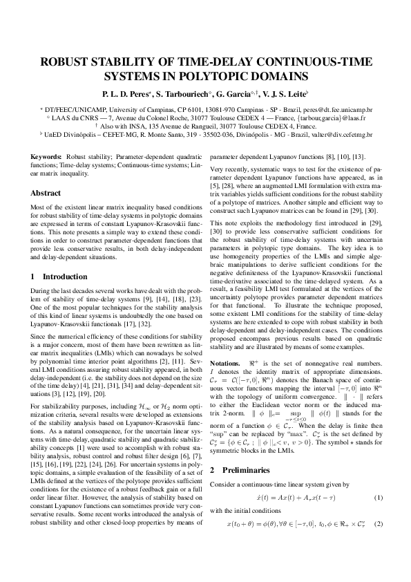 (PDF) Robust stability of time-delay continuous-time systems in polytopic domains