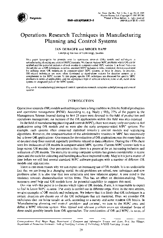 (PDF) Operations Research Techniques in Manufacturing Planning and ...