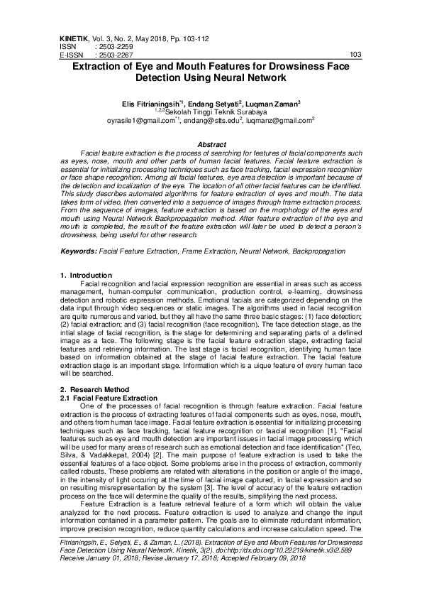 (PDF) Extraction of Eye and Mouth Features for Drowsiness Face ...