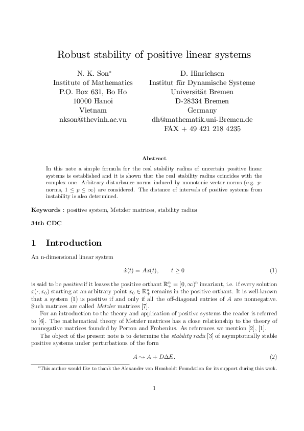(PDF) Stability Radius of Positive Linear Systems Under Disturbances