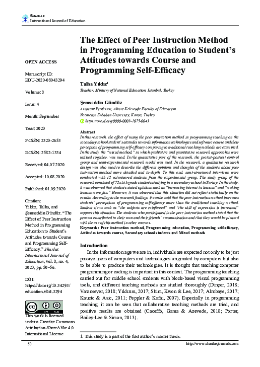 Pdf The Effect Of Peer Instruction Method In Programming Education To