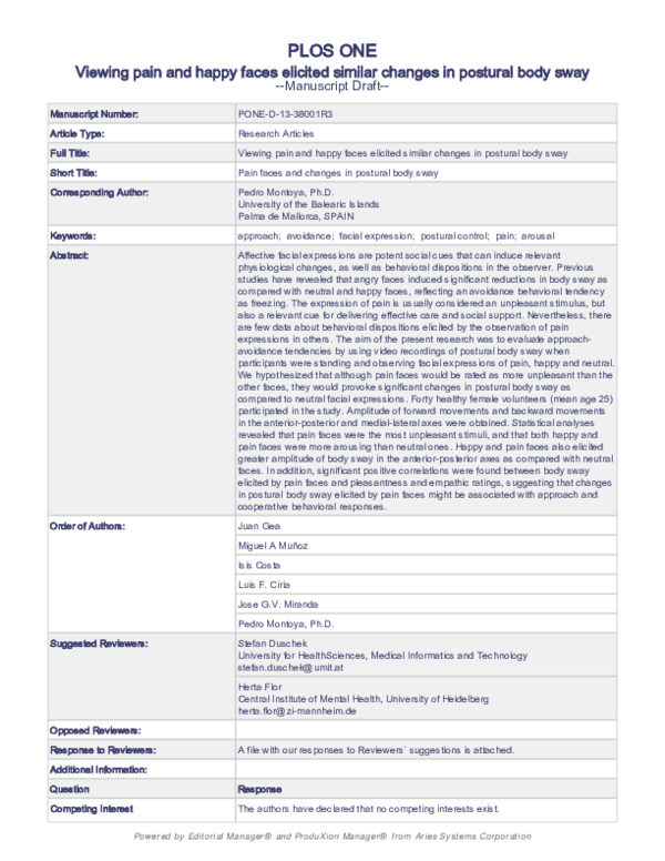(PDF) PLOS ONE Viewing pain and happy faces elicited similar changes in ...