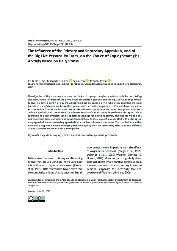 (PDF) The Influence of the Primary and Secondary Appraisals, and of the ...