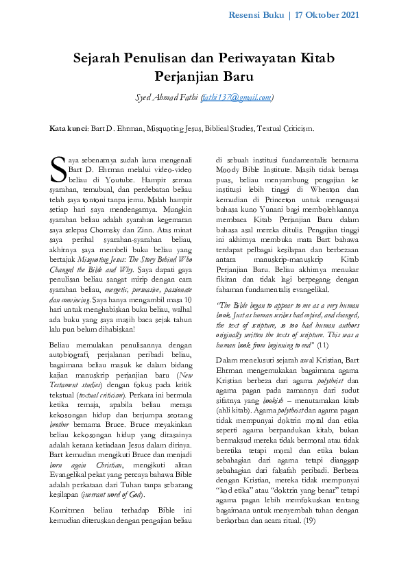 (PDF) Sejarah Penulisan dan Periwayatan Kitab Perjanjian Baru