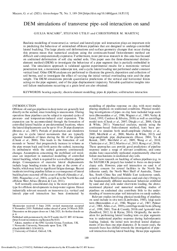 (PDF) DEM simulations of transverse pipe–soil interaction on sand