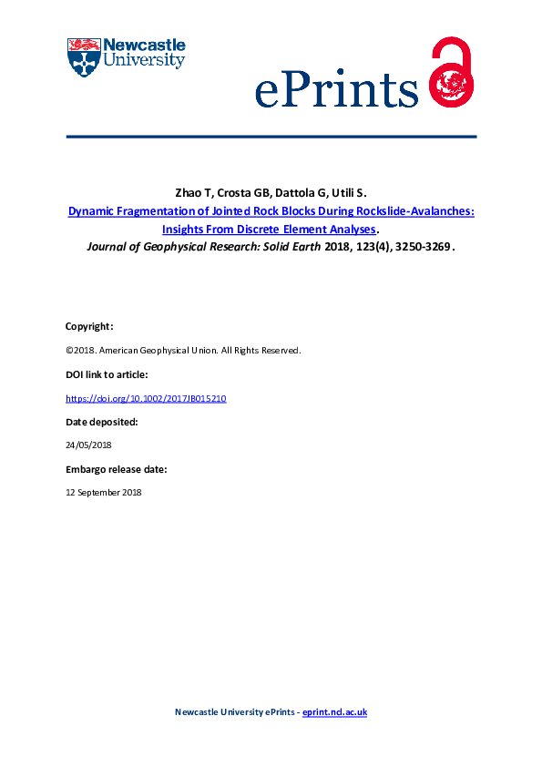 Pdf Dynamic Fragmentation Of Jointed Rock Blocks During Rockslide Avalanches Insights From