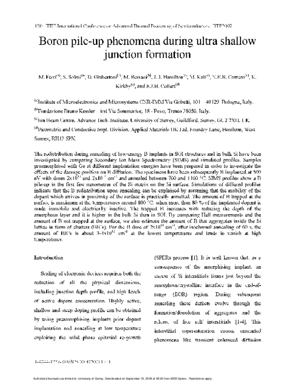 (PDF) Boron pile-up phenomena during ultra shallow junction formation