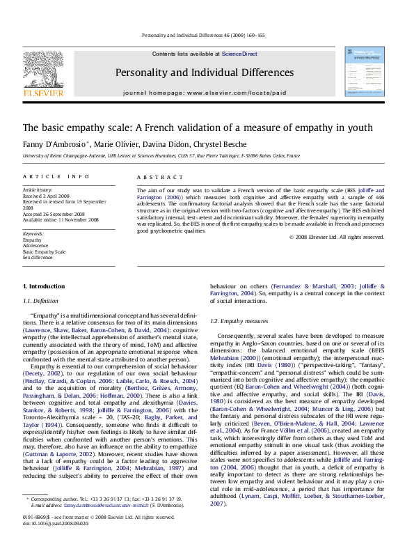 (PDF) The basic empathy scale: A French validation of a measure of ...