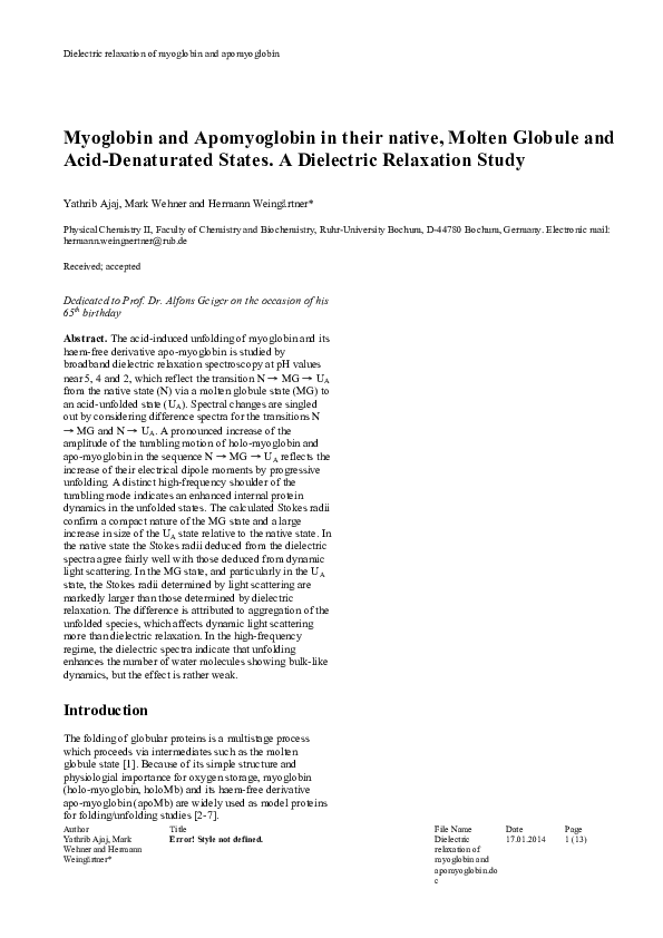 (PDF) Myoglobin and Apomyoglobin in their Native, Molten Globule and ...