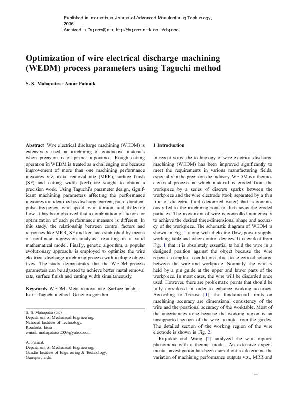 (PDF) Optimization of wire electrical discharge machining (WEDM) process parameters using ...