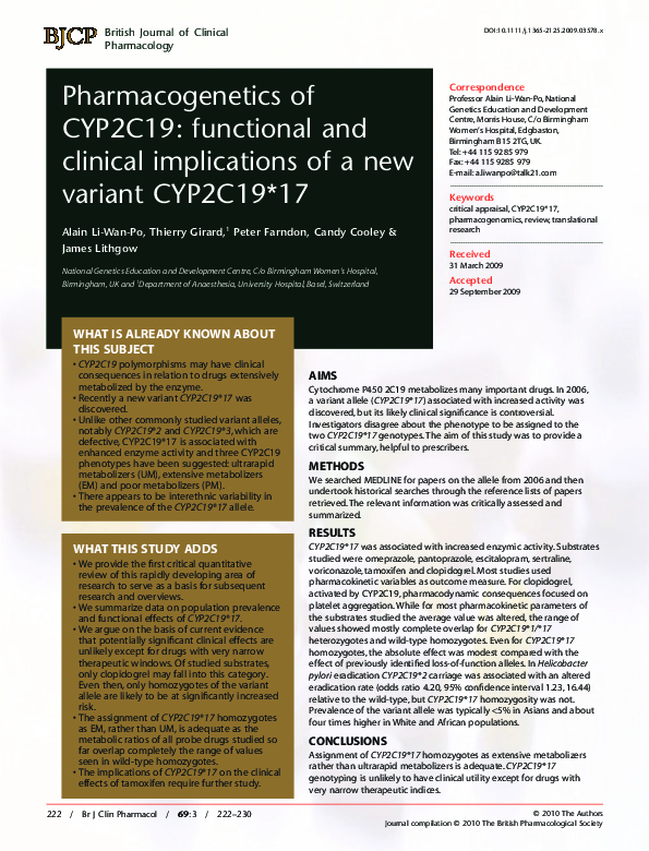(PDF) Pharmacogenetics of CYP2C19: functional and clinical implications ...