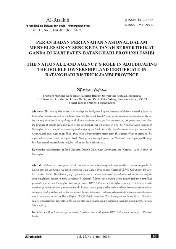 (PDF) Peran Badan Pertanahan Nasional Dalam Menyelesaikan Sengketa Tanah Bersertifikat Ganda DI ...