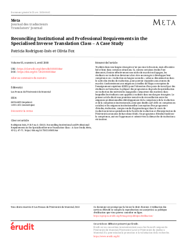 (PDF) Balancing Institutional and Professional Goals in Translation