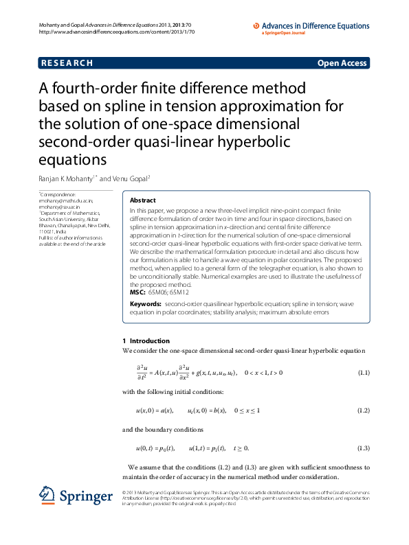 Pdf A Fourth Order Finite Difference Method Based On Spline In