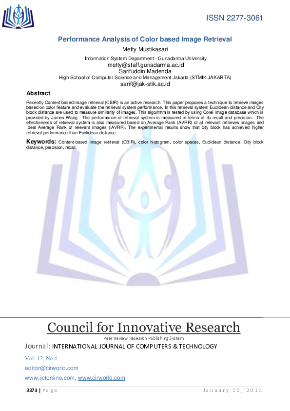 (PDF) Performance Analysis of Color based Image Retrieval | S. Madenda - Academia.edu