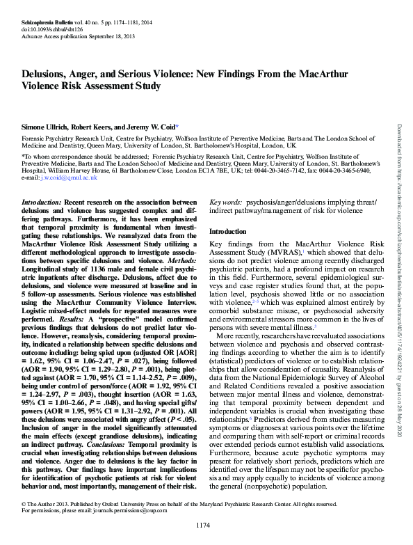 (PDF) Delusions, Anger, and Serious Violence: New Findings From the ...