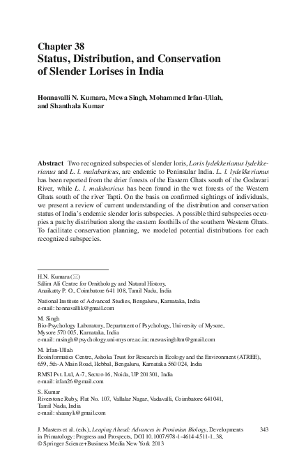 (PDF) Status, Distribution, and Conservation of Slender Lorises in India
