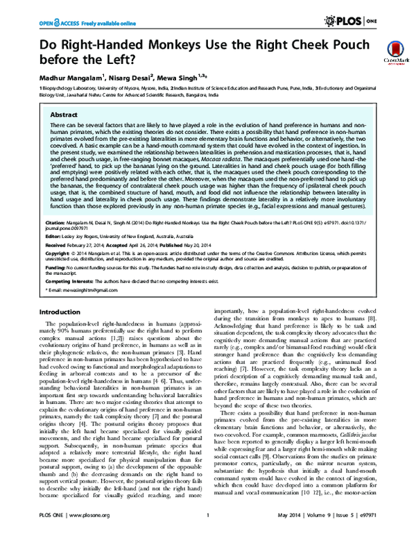 (PDF) Do Right-Handed Monkeys Use the Right Cheek Pouch before the Left?
