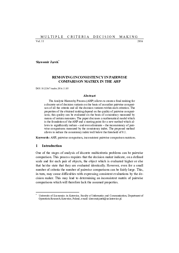 (PDF) Removing Inconsistency in Pairwise Comparisons Matrix in the AHP