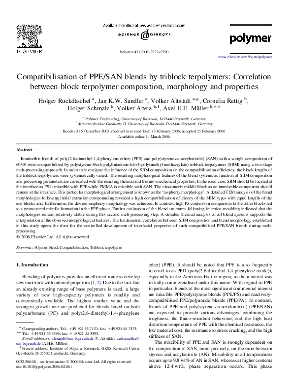 (PDF) Compatibilisation of PPE/SAN blends by triblock terpolymers ...