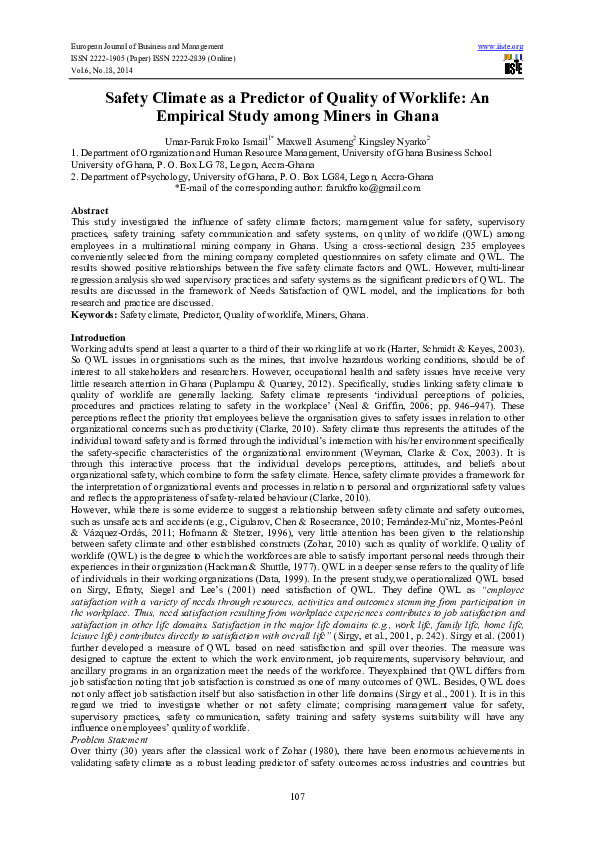 (PDF) Safety Climate as a Predictor of Quality of Worklife: An Empirical Study among Miners in ...
