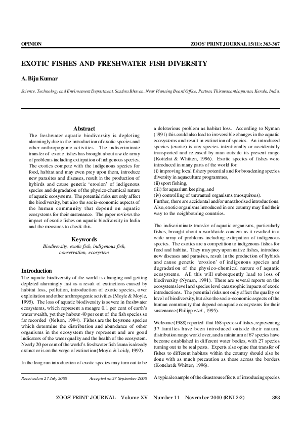 (PDF) Exotic fishes and freshwater fish diversity