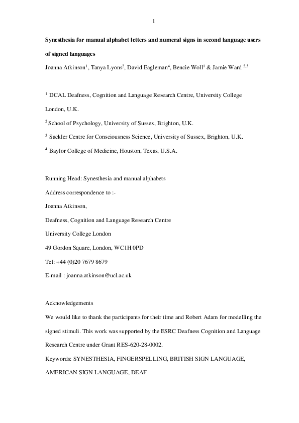 (PDF) Synesthesia for manual alphabet letters and numeral signs in ...