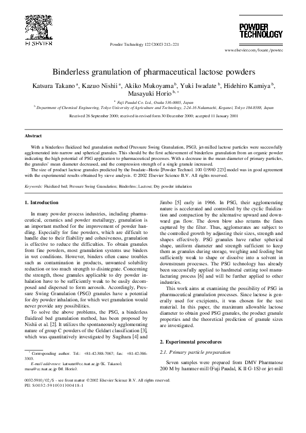 (PDF) Binderless granulation of pharmaceutical lactose powders
