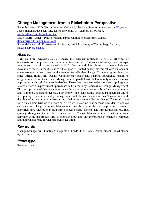 (PDF) Change Management from a Stakeholder Perspective