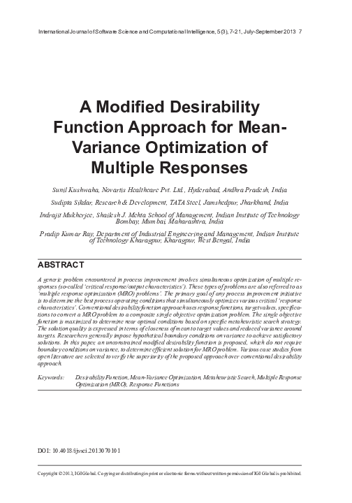 Pdf A Modified Desirability Function Approach For Mean Variance Optimization Of Multiple 