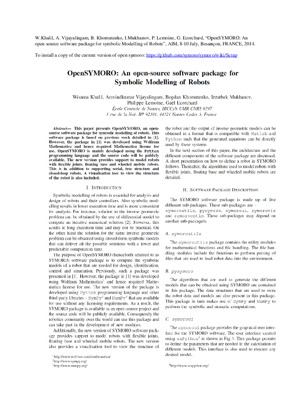 (PDF) OpenSYMORO: An open-source software package for symbolic modelling of robots | P. Lemoine ...