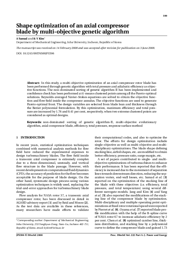Pdf Shape Optimization Of An Axial Compressor Blade By Multi Objective Genetic Algorithm