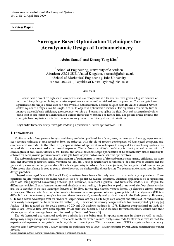 (PDF) Surrogate Based Optimization Techniques for Aerodynamic Design of Turbomachinery