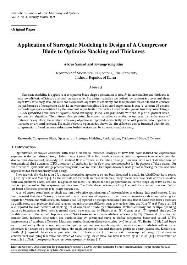 (PDF) Application of Surrogate Modeling to Design of A Compressor Blade to Optimize Stacking and ...