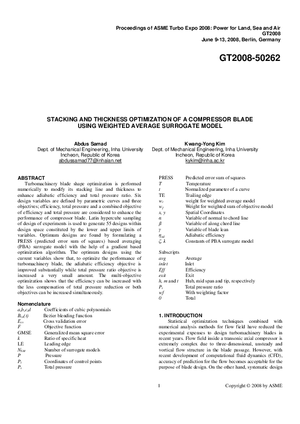(PDF) Stacking and Thickness Optimization of a Compressor Blade Using Weighted Average Surrogate ...