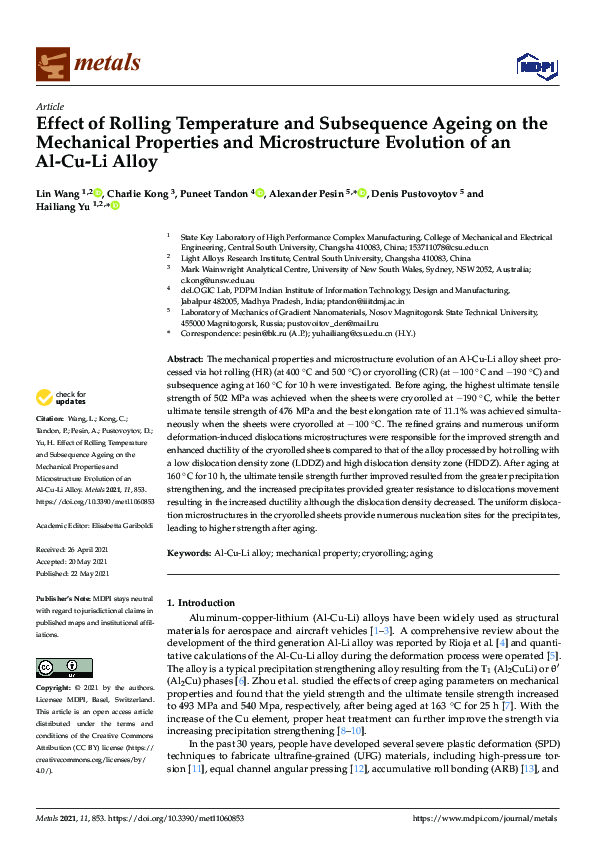 (PDF) Effect of Rolling Temperature and Subsequence Ageing on the Mechanical Properties and ...