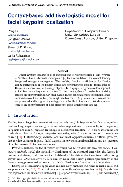 (PDF) Context-based additive logistic model for facial keypoint localization | Simon Prince ...