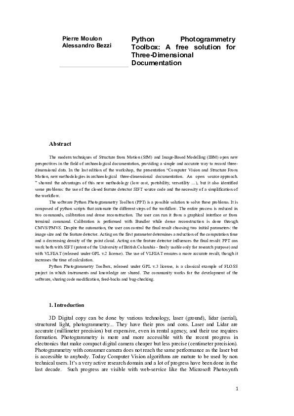 (PDF) Python Photogrammetry Toolbox: A free solution for Three-Dimensional Documentation