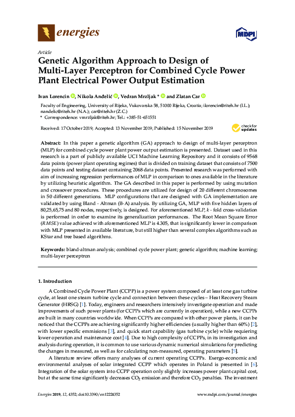 Pdf Genetic Algorithm Approach To Design Of Multi Layer Perceptron For Combined Cycle Power