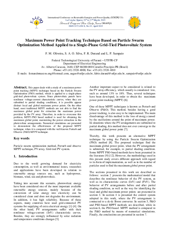 (PDF) Maximum Power Point Tracking Technique Based on Particle Swarm Optimization Method Applied ...