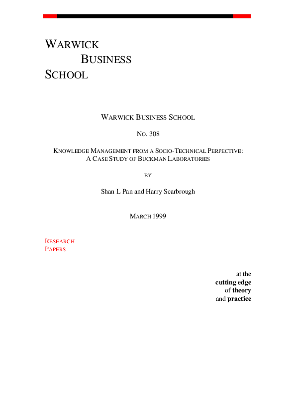 (PDF) Knowledge Management from a Socio-Technical Perspective: A Case Study of Buckman Laboratories