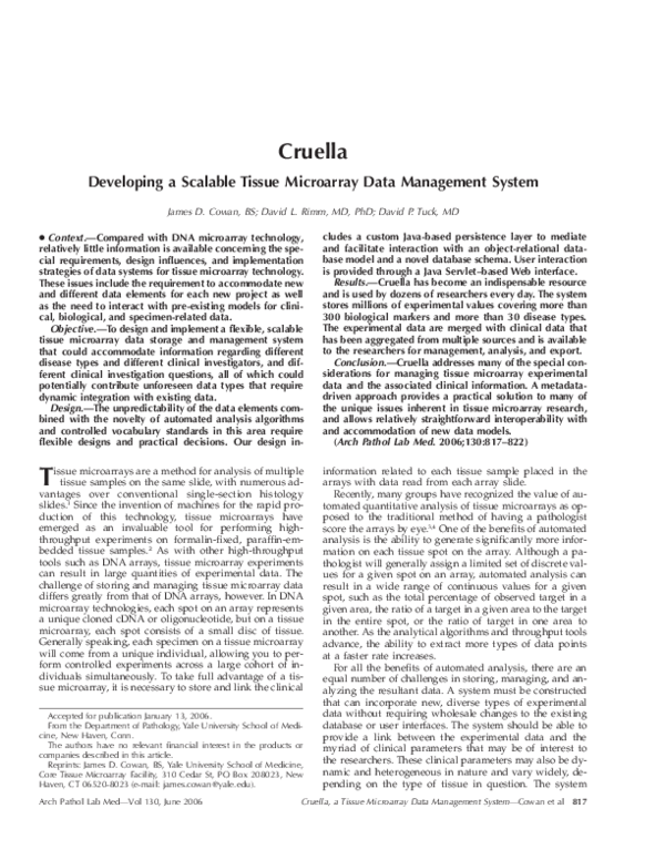 (PDF) Cruella: developing a scalable tissue microarray data management system
